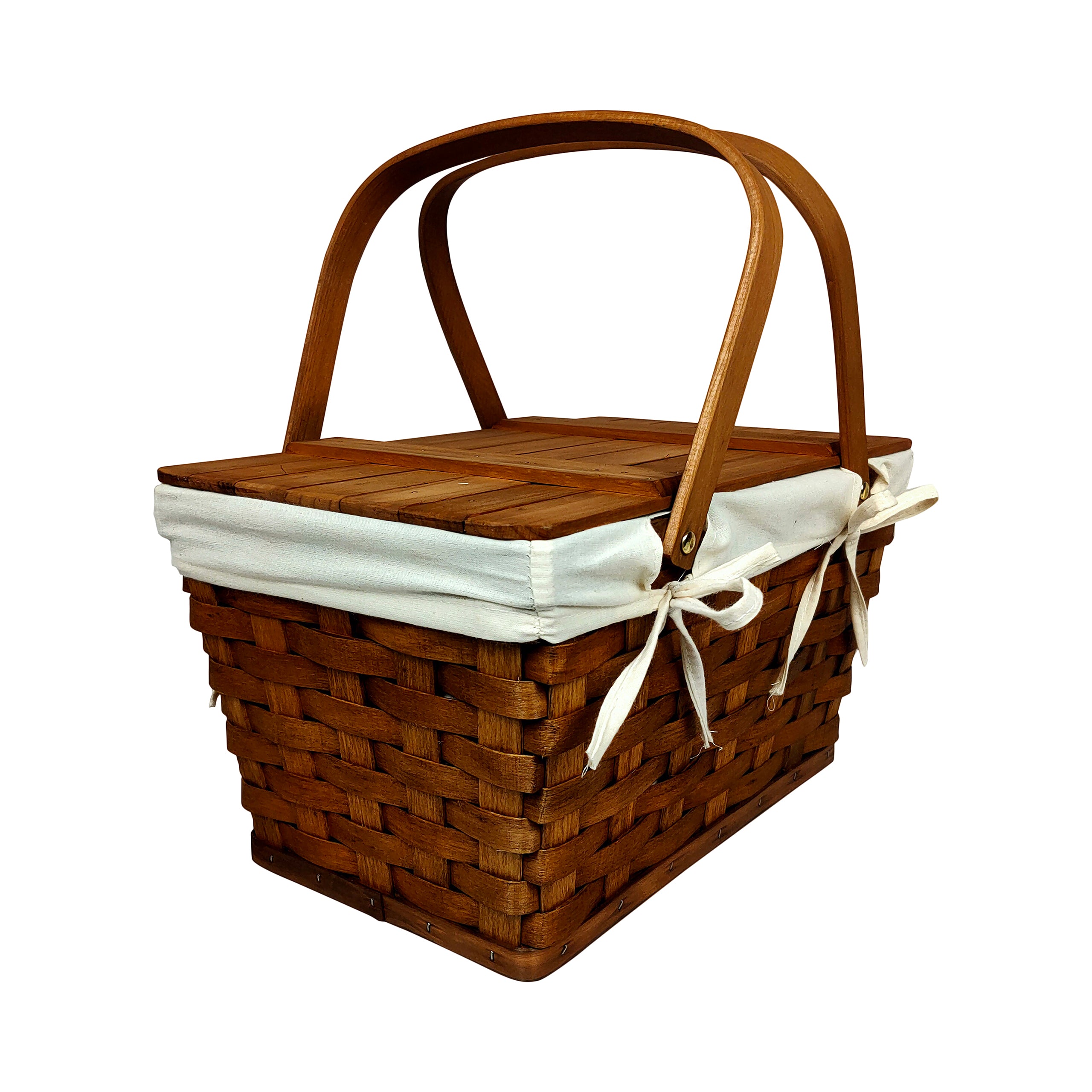 Stained Woodchip Picnic Basket w Cotton Liner